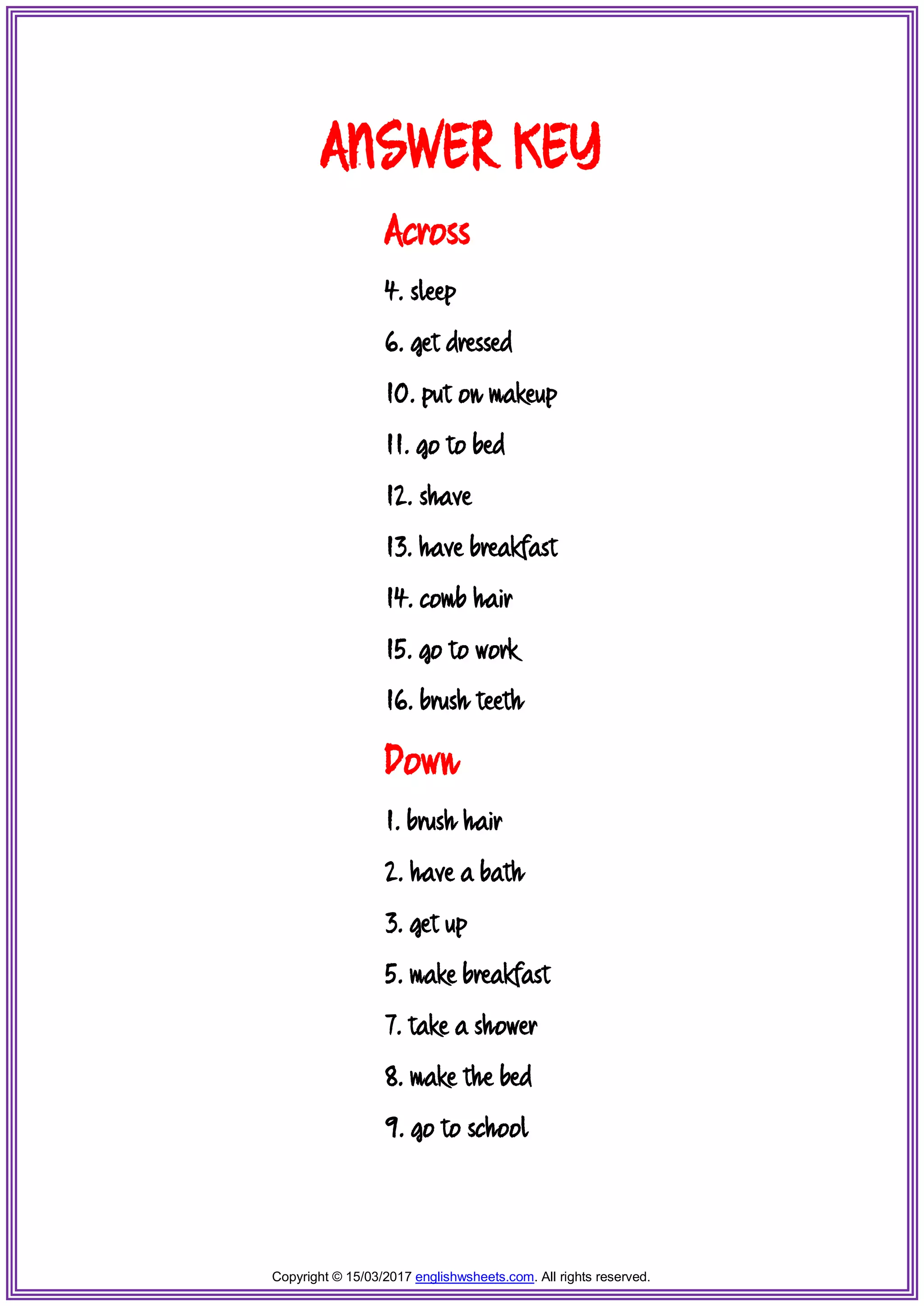 Daily routines vocabulary esl crossword puzzle worksheets for kids | PDF
