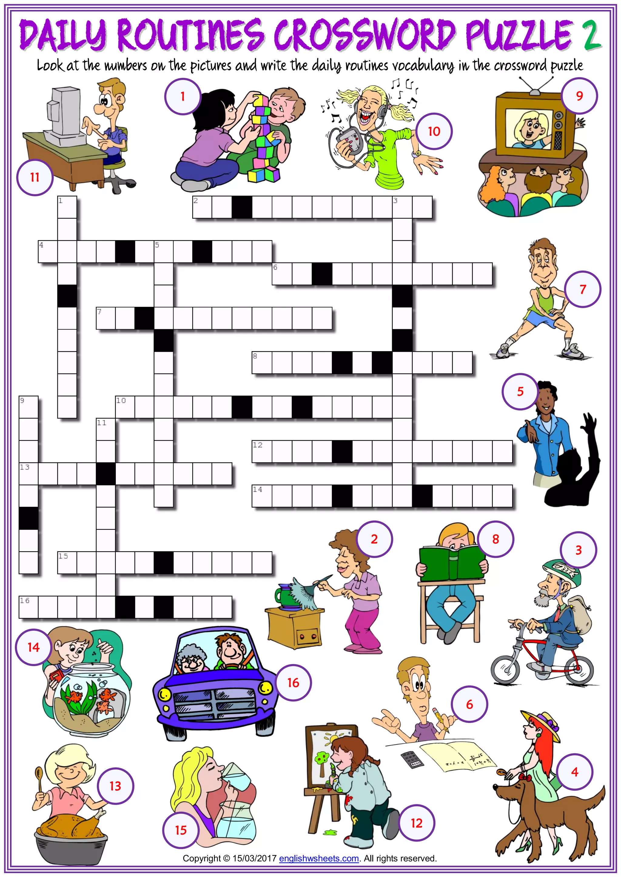 Daily routines vocabulary esl crossword puzzle worksheets for kids | PDF