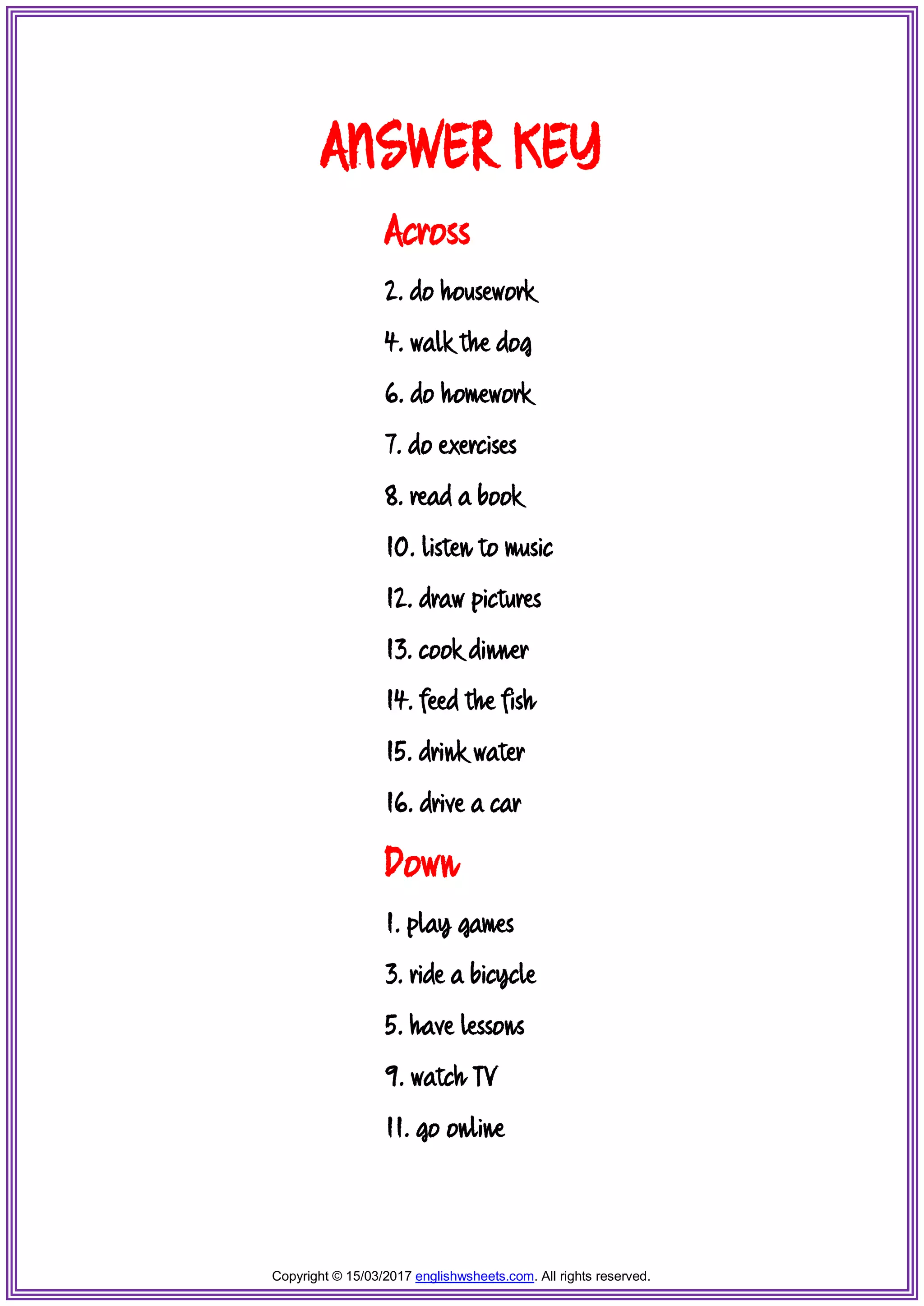 Daily routines vocabulary esl crossword puzzle worksheets for kids | PDF