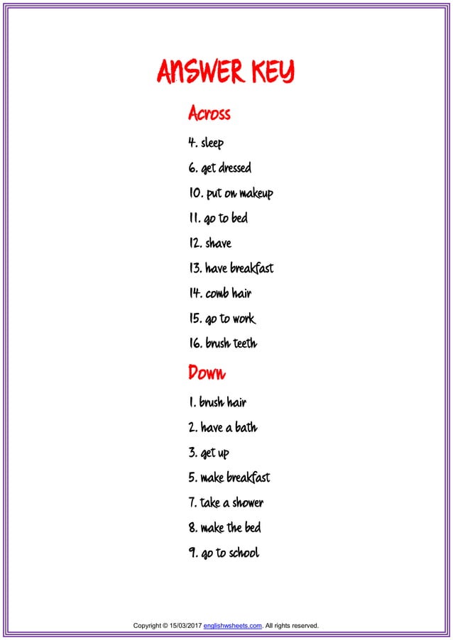 Daily routines vocabulary esl crossword puzzle worksheets for kids | PDF