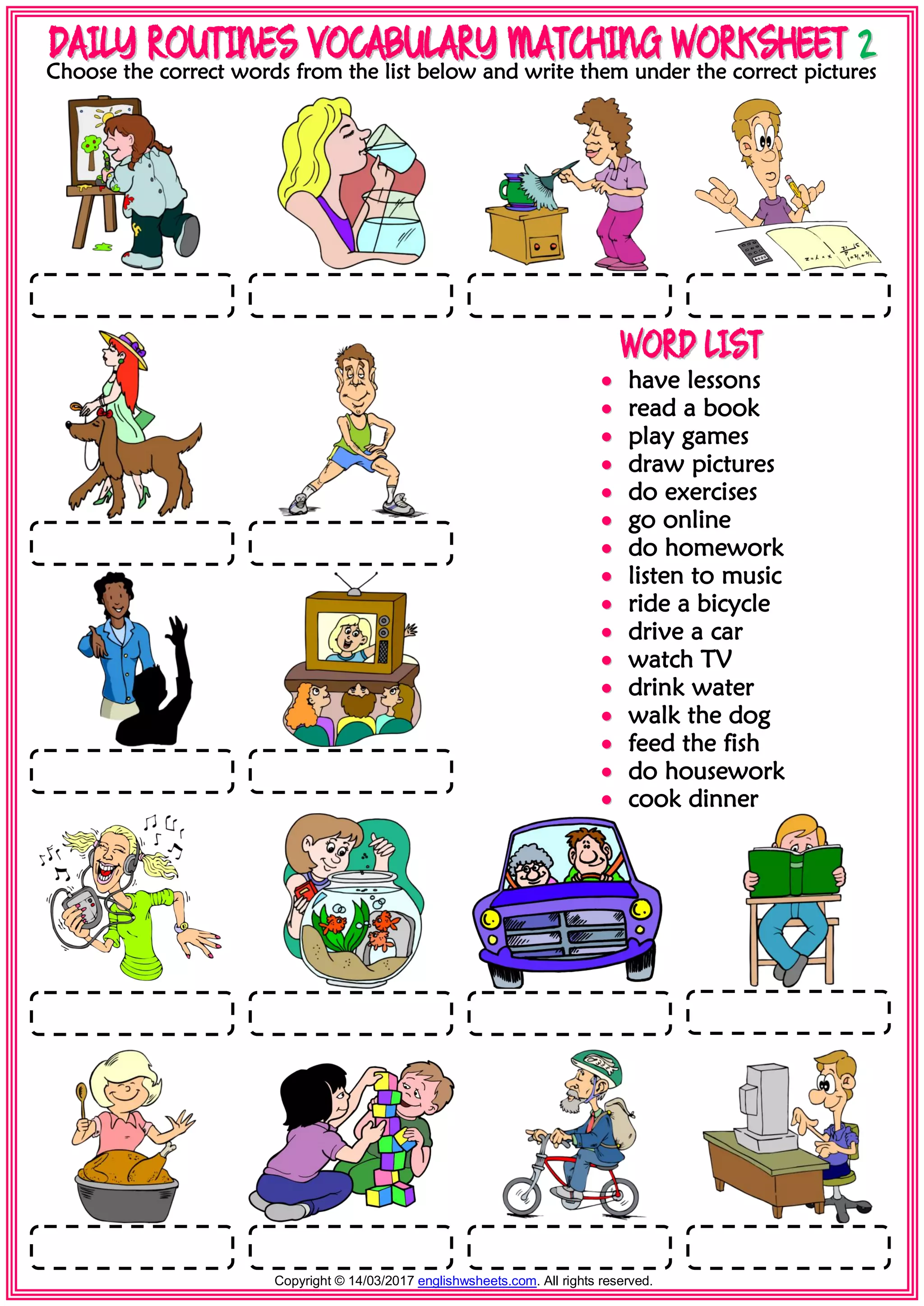 Daily routines vocabulary esl matching exercise worksheets for kids | PDF