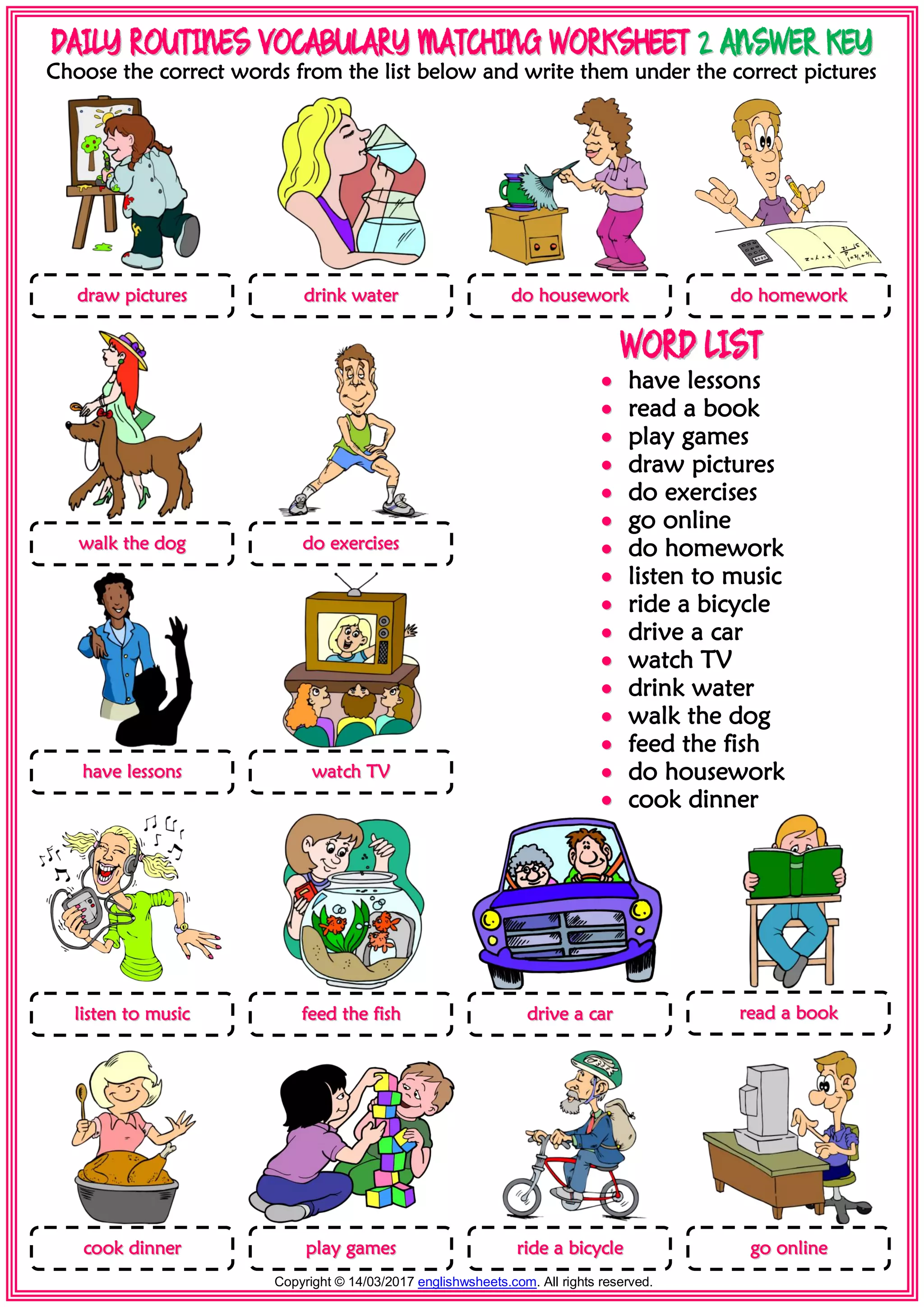 Daily routines vocabulary esl matching exercise worksheets for kids | PDF