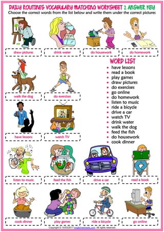 Daily routines vocabulary esl matching exercise worksheets for kids | PDF