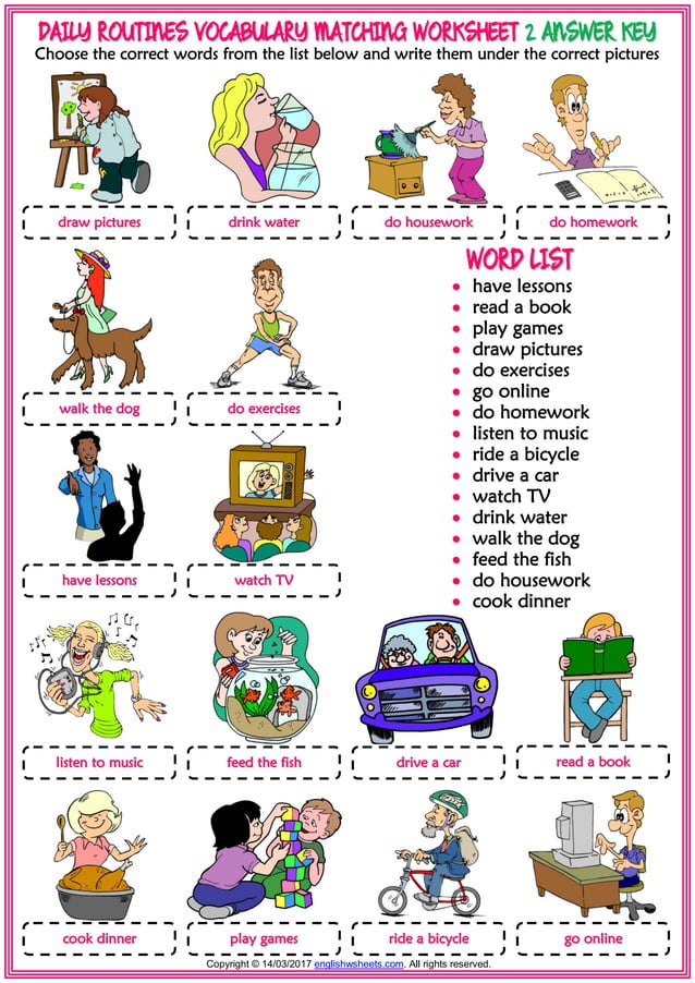 Daily routines vocabulary esl matching exercise worksheets for kids | PDF