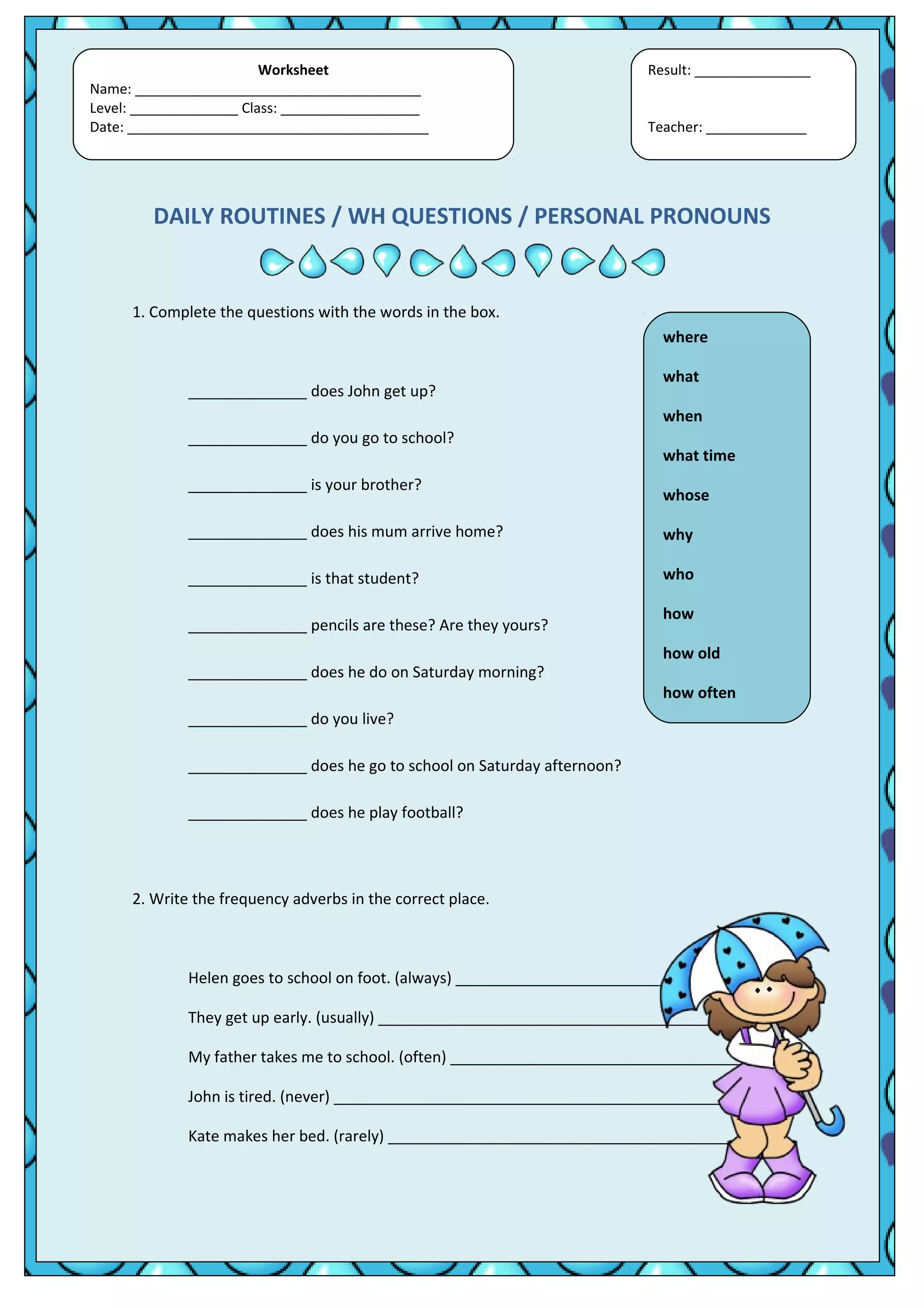 Daily routines wh questions personal pronouns | DOC