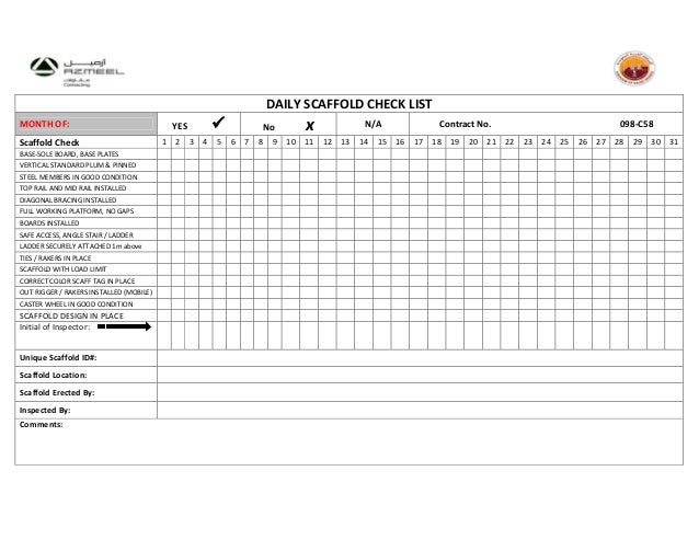 Daily scaffold check list