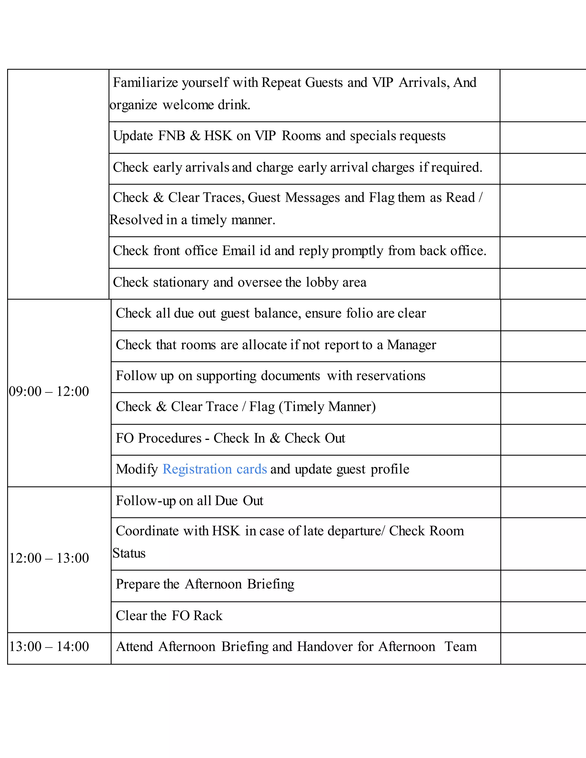 Daily task list sample for front office assistants | DOCX