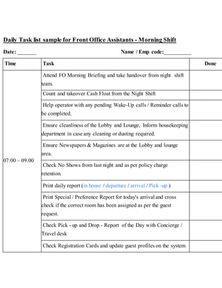 Daily task list sample for front office assistants | DOCX