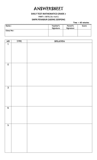 Daily test mathematics grade 7 sets part 1 | DOCX