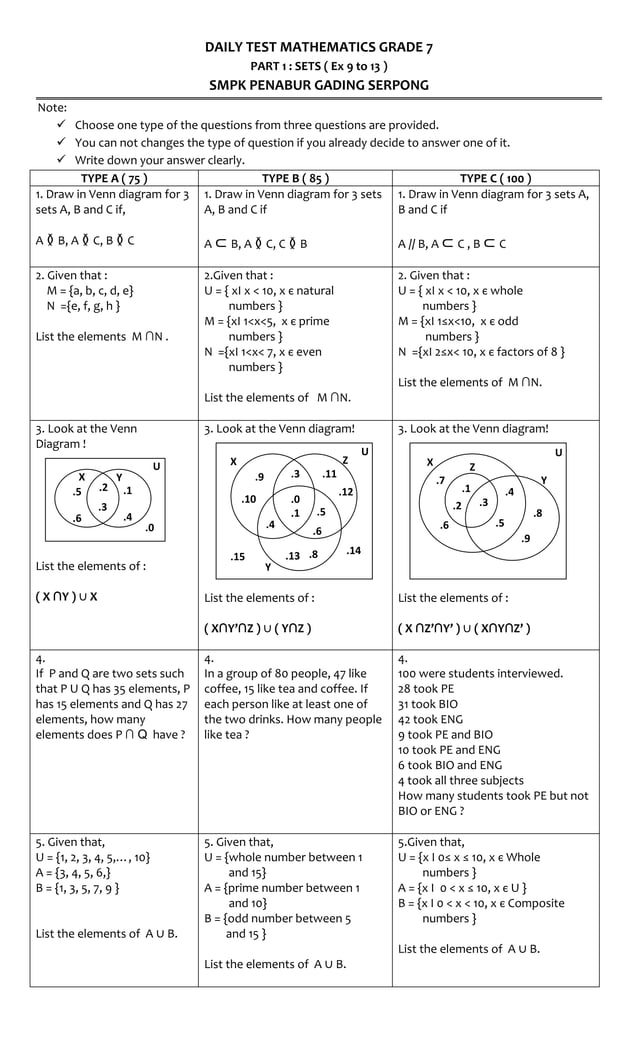 Daily test mathematics grade 7 sets part 2 | DOCX