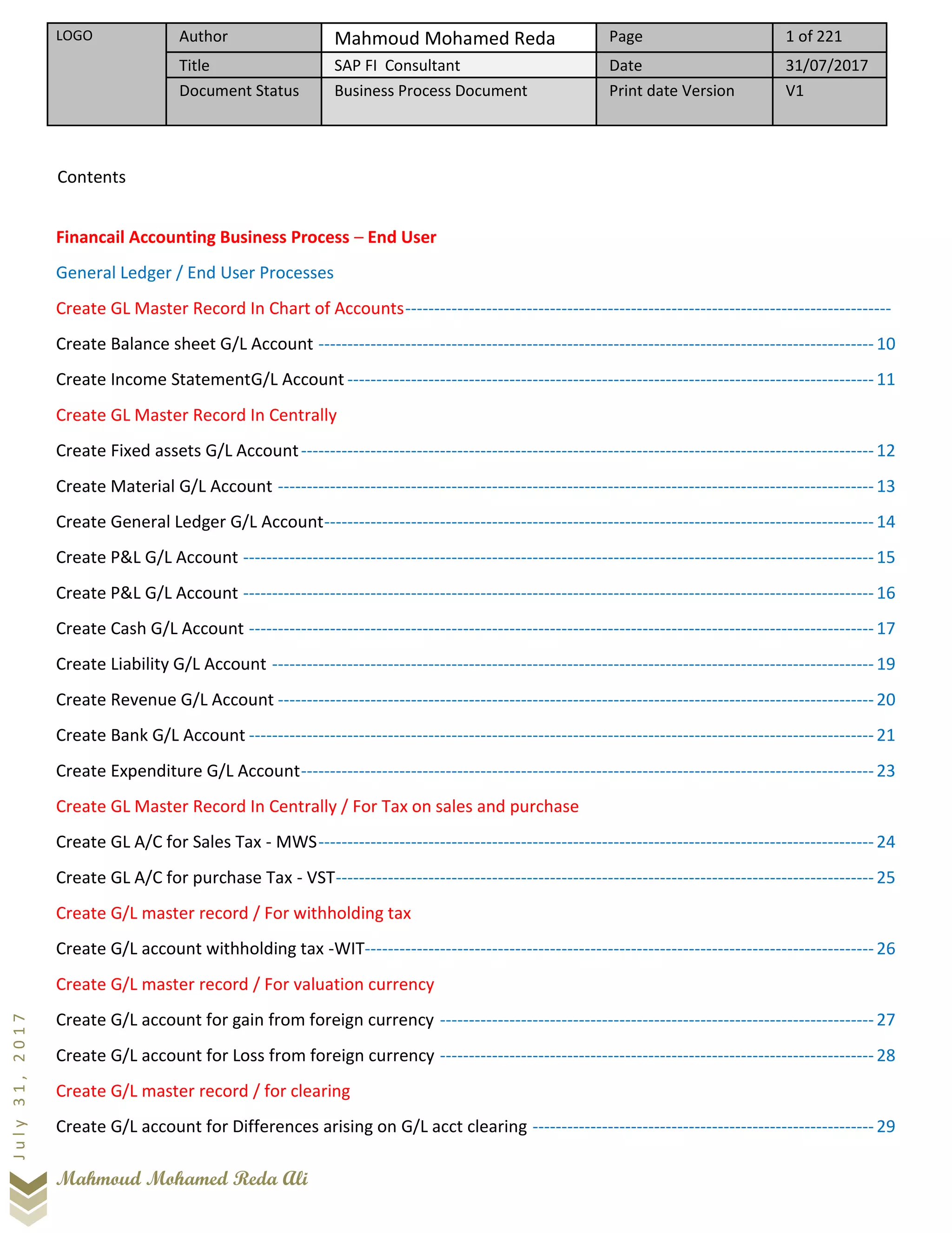 Sap Financial Accounting Business Process Document Pdf Business Accounting And Finance