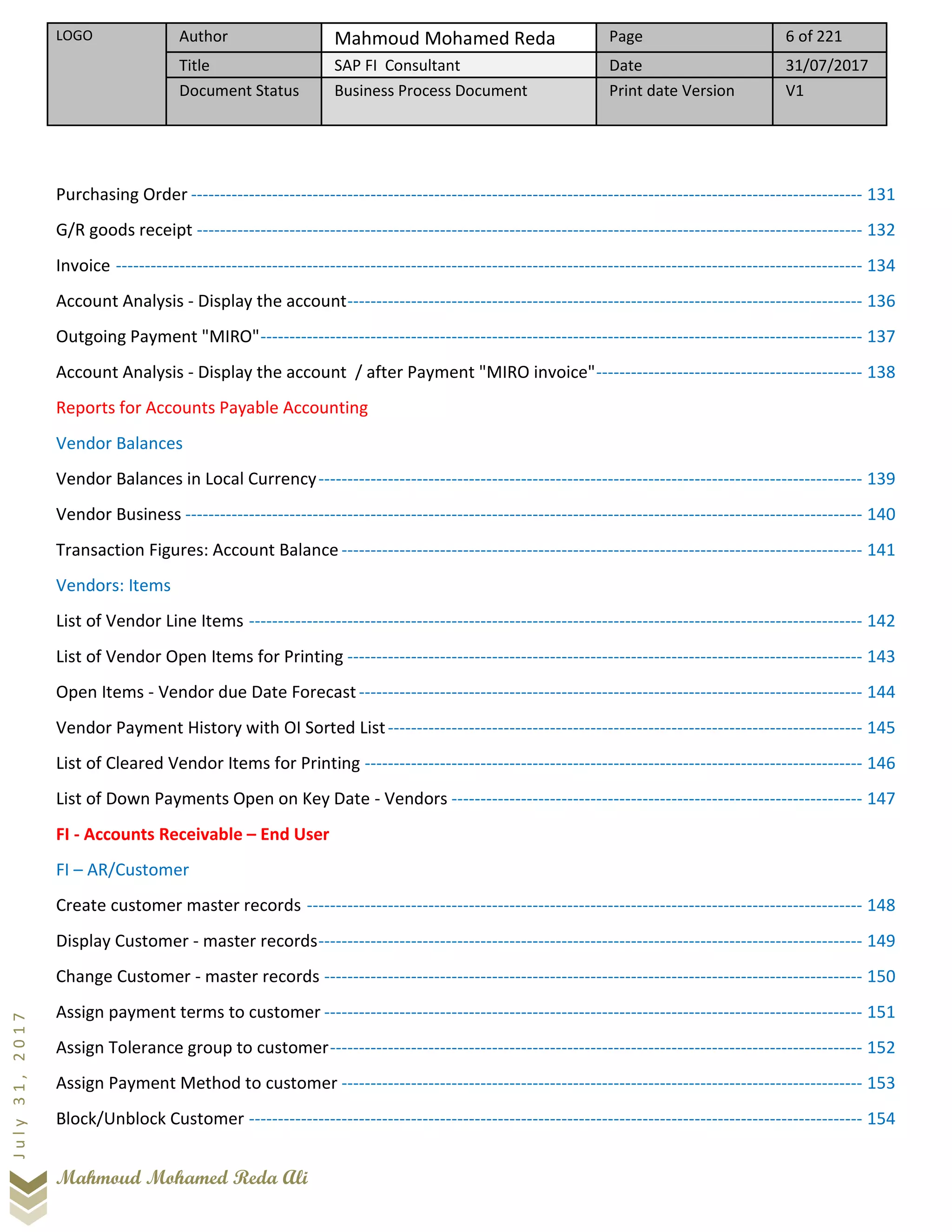 SAP Financial Accounting - Business Process Document | PDF
