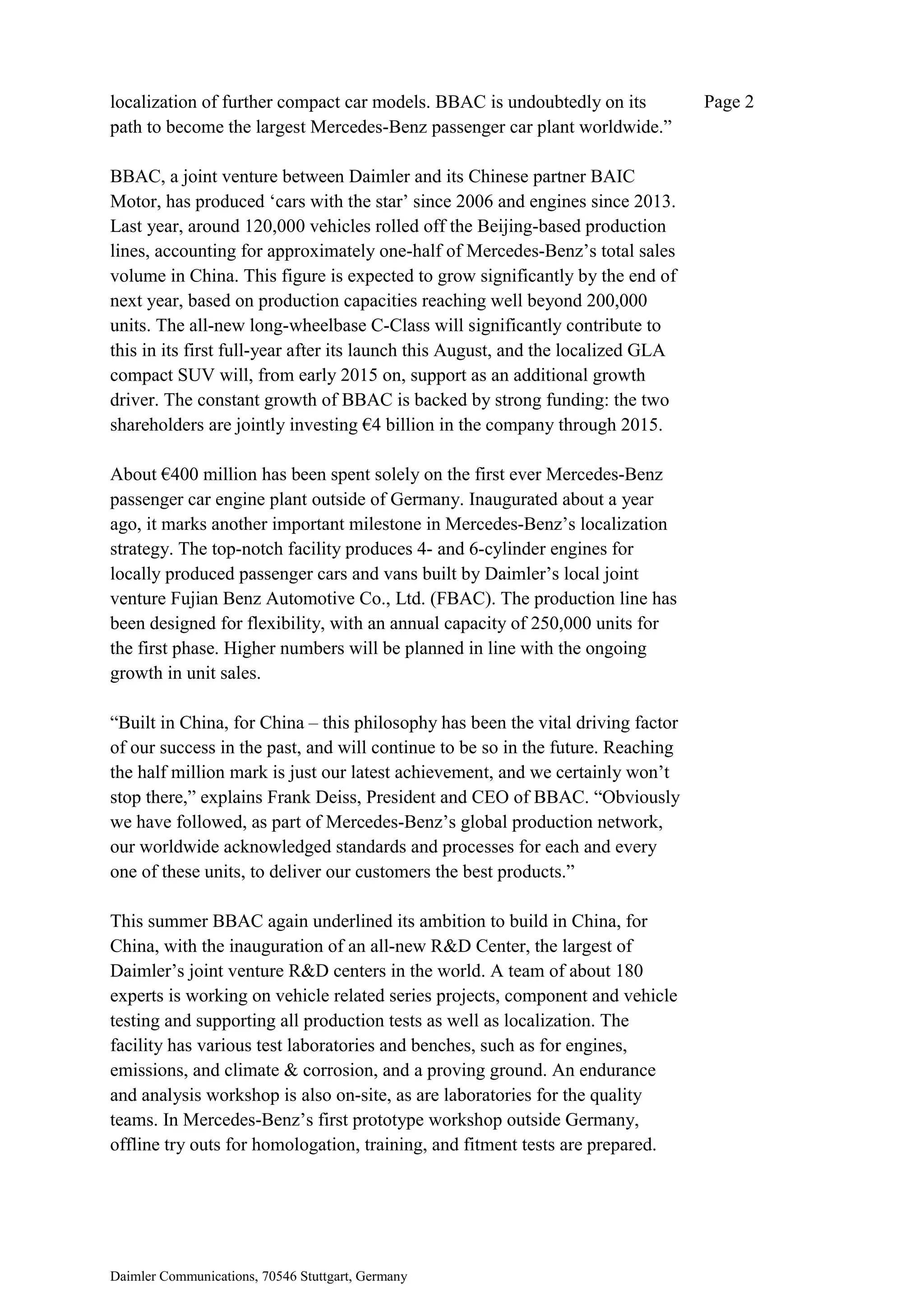 Mercedes car production China crosses 500,000 - Press Release | PDF