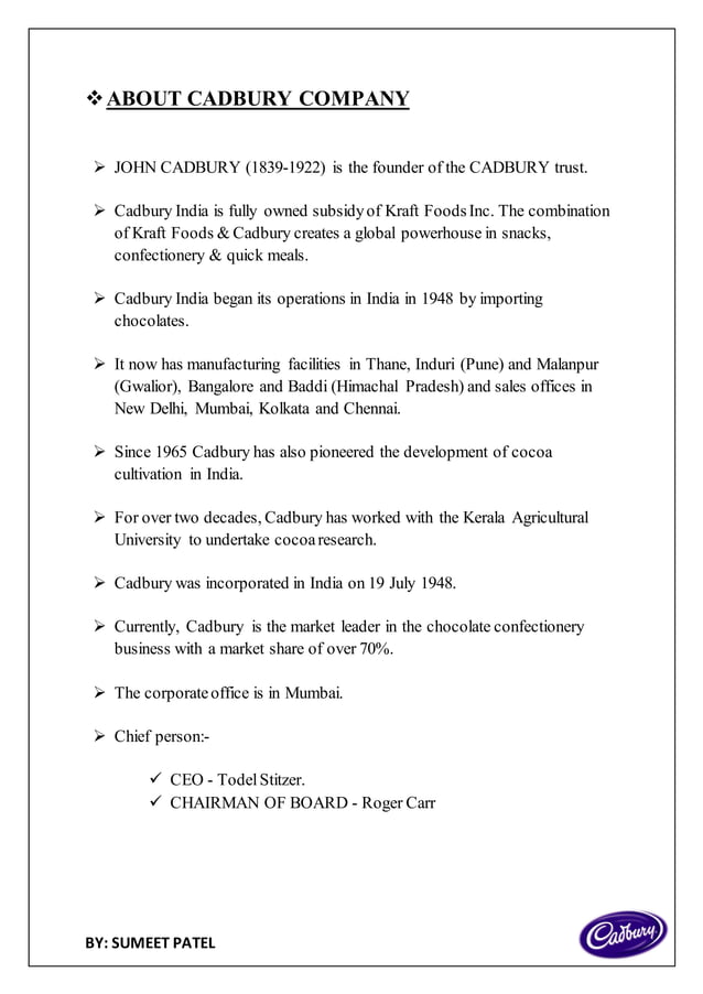 4 P's of cadbury company | DOCX | Desserts and Baking | Food & Drink