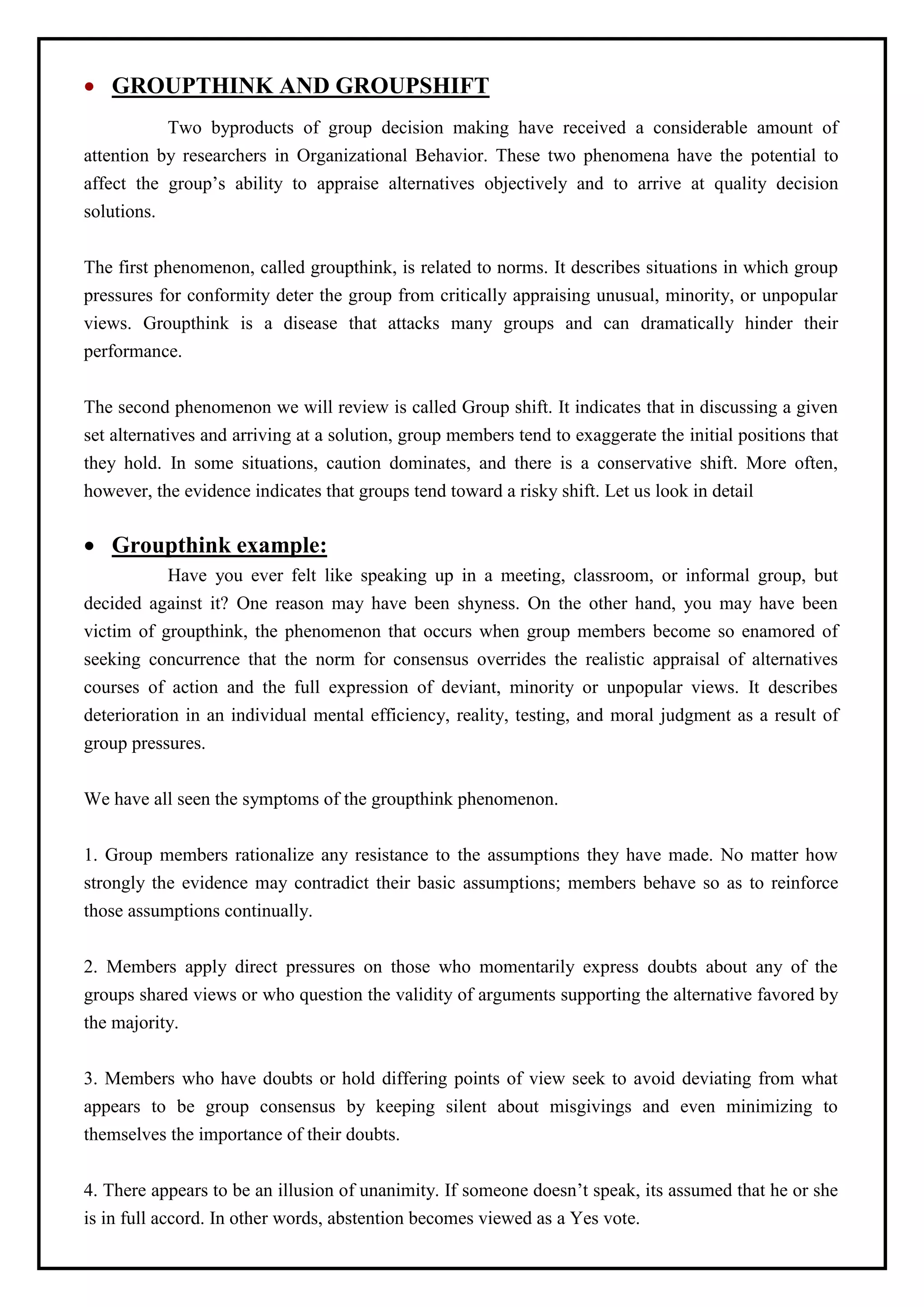 What is different between Group think and group shift with eamples | DOCX