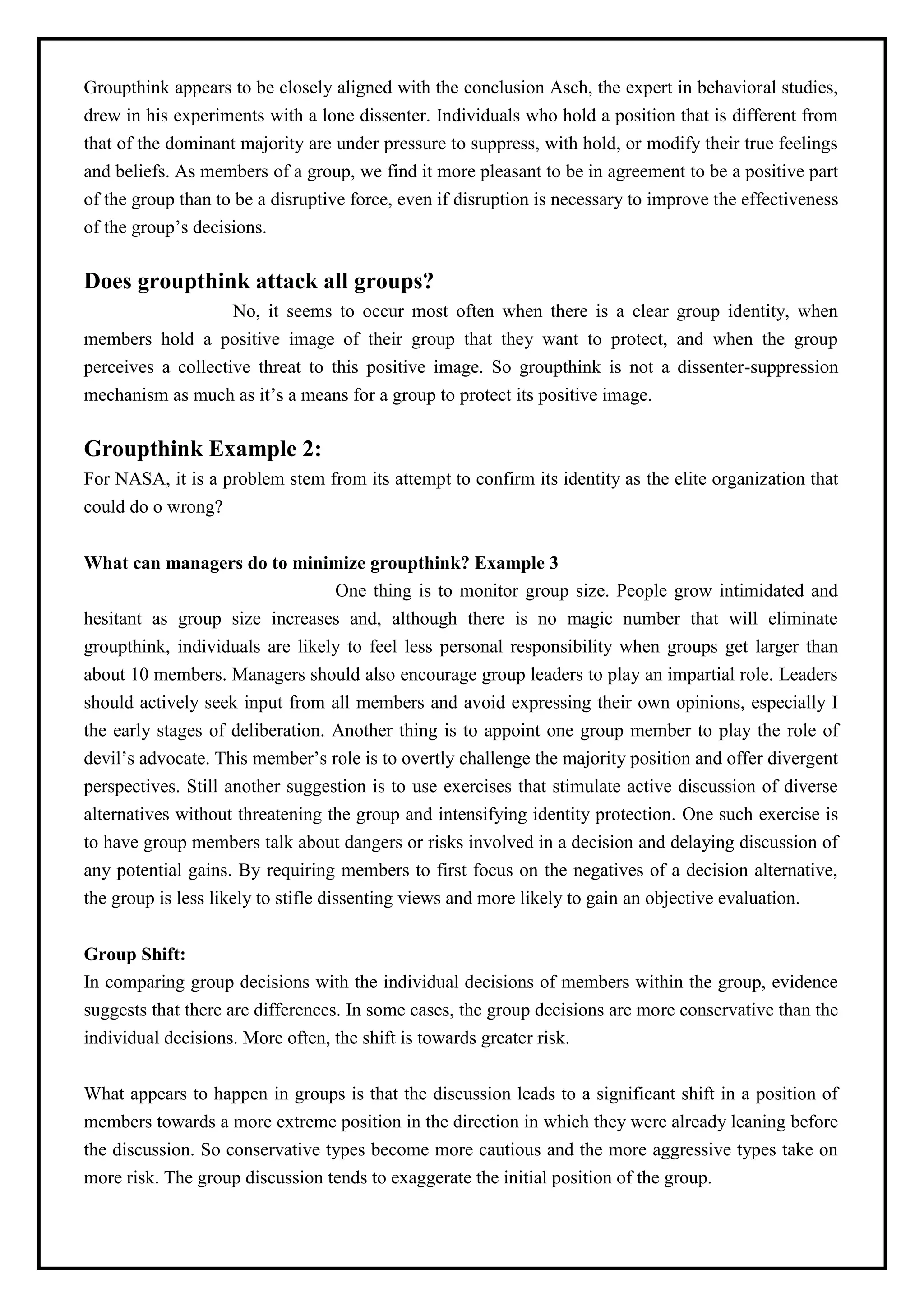 What is different between Group think and group shift with eamples | DOCX