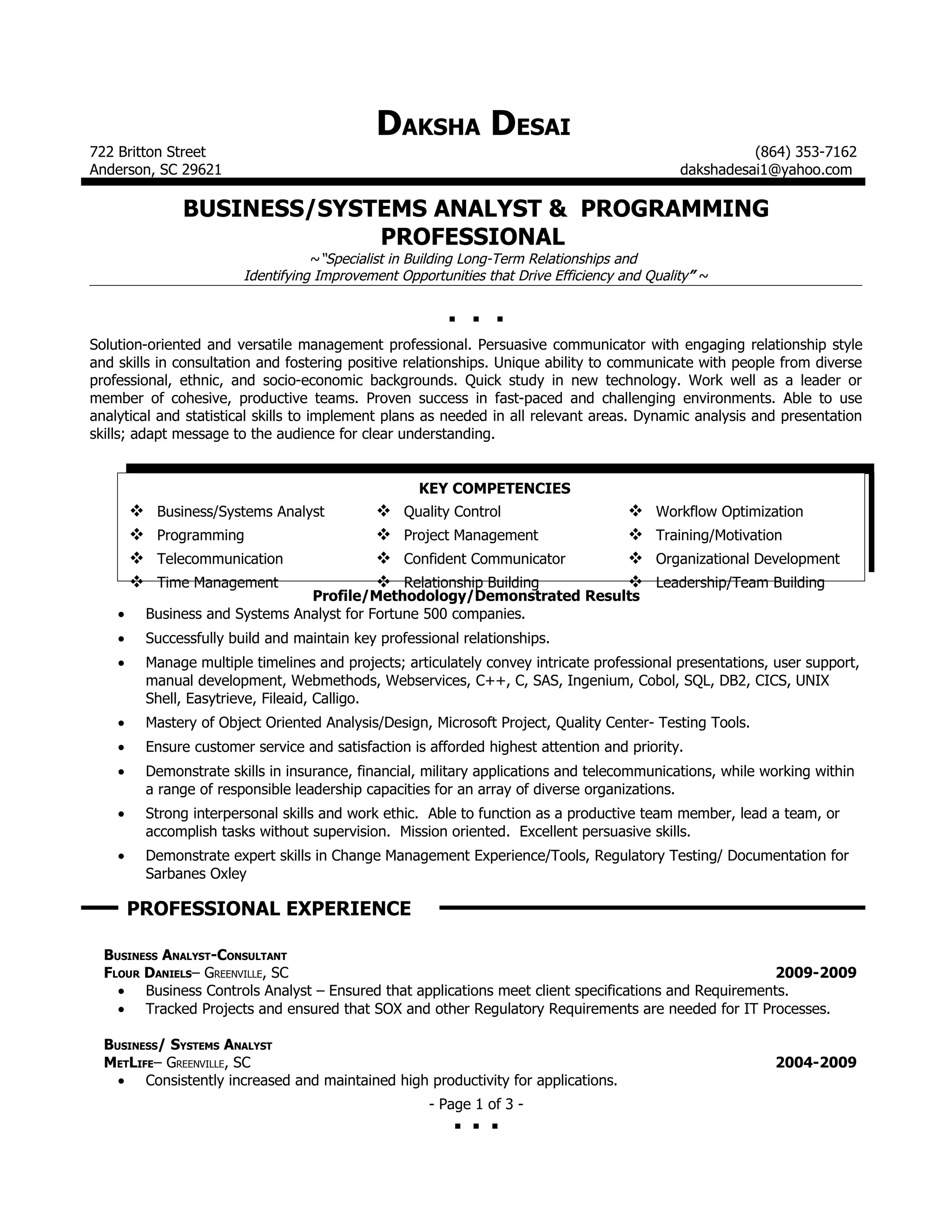 Daksha Desai Resume Business Analyst | DOC