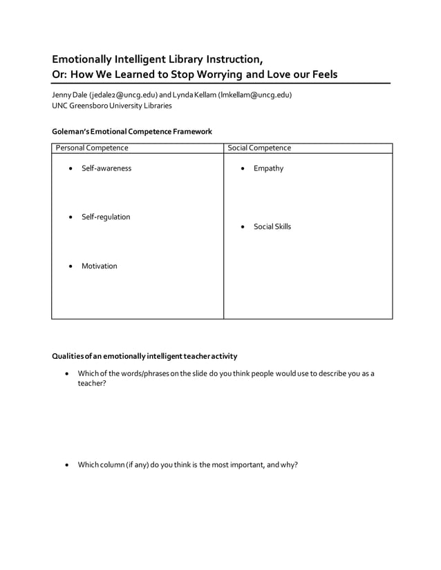Emotional Intelligence - Handout - TILC 2015 | DOCX