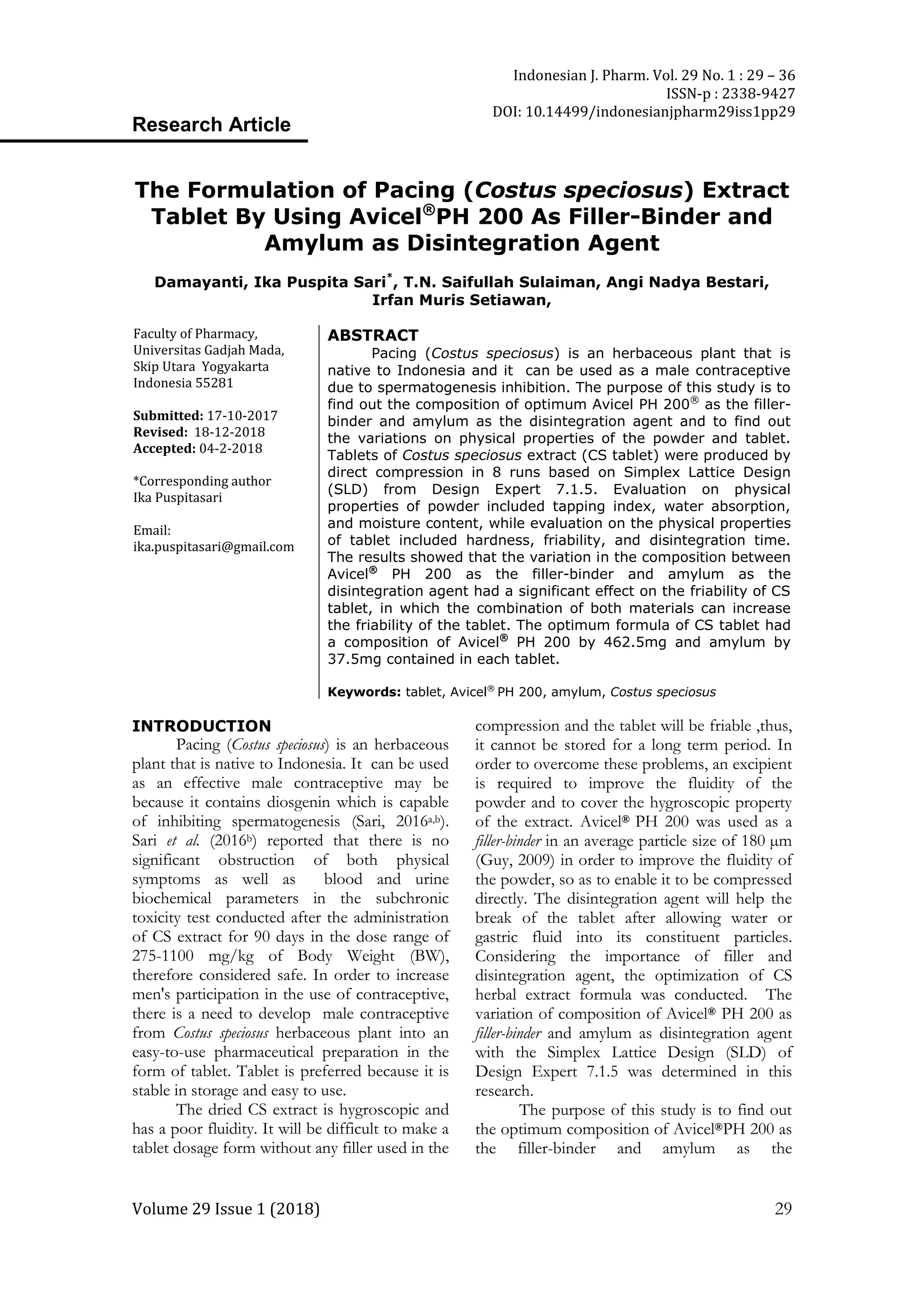 The Formulation of Pacing (Costus speciosus) Extract Tablet By Using ...