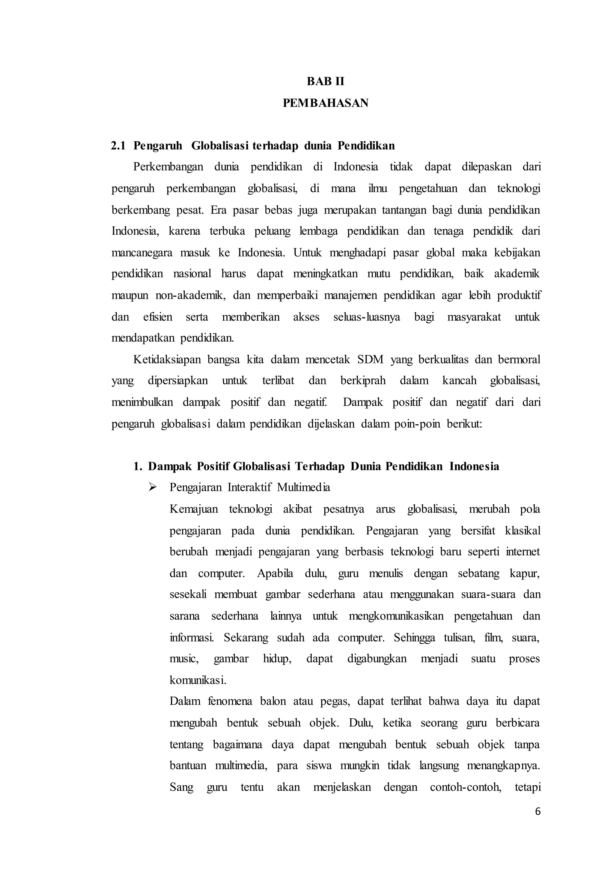 Dampak globalisasi terhadap pendidikan di indonesia | DOCX