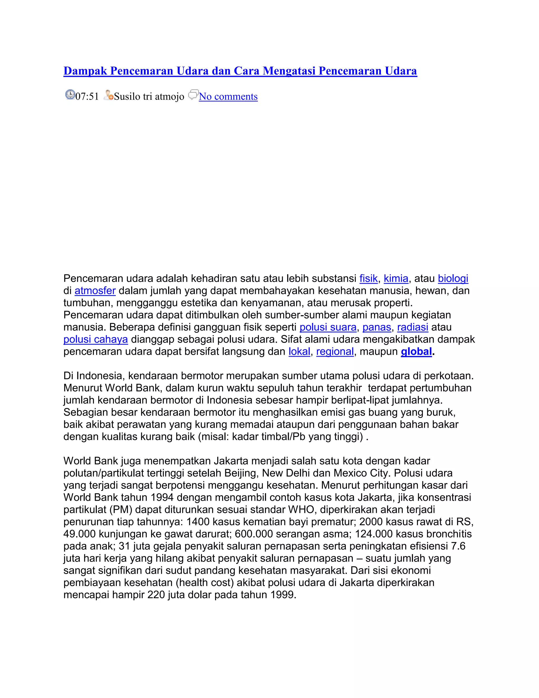 Dampak pencemaran udara dan cara mengatasi pencemaran udara | DOCX