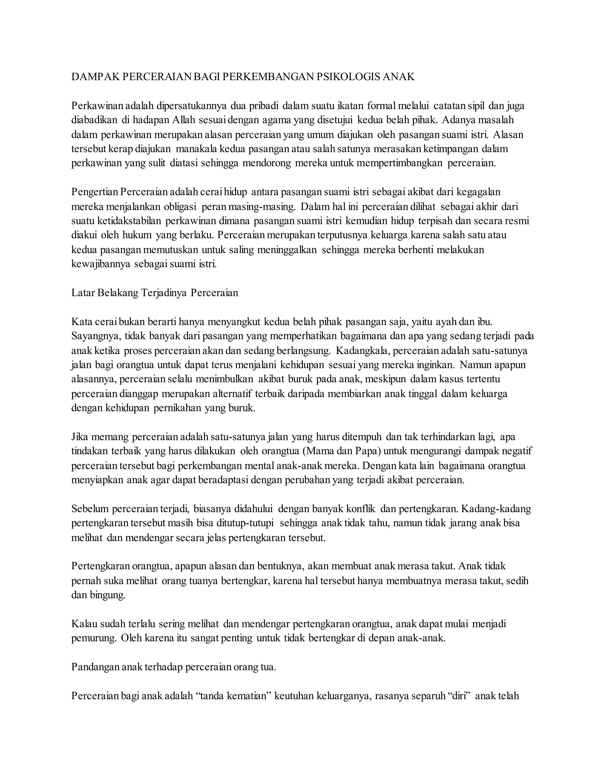 Dampak perceraian bagi perkembangan psikologis anak | PDF