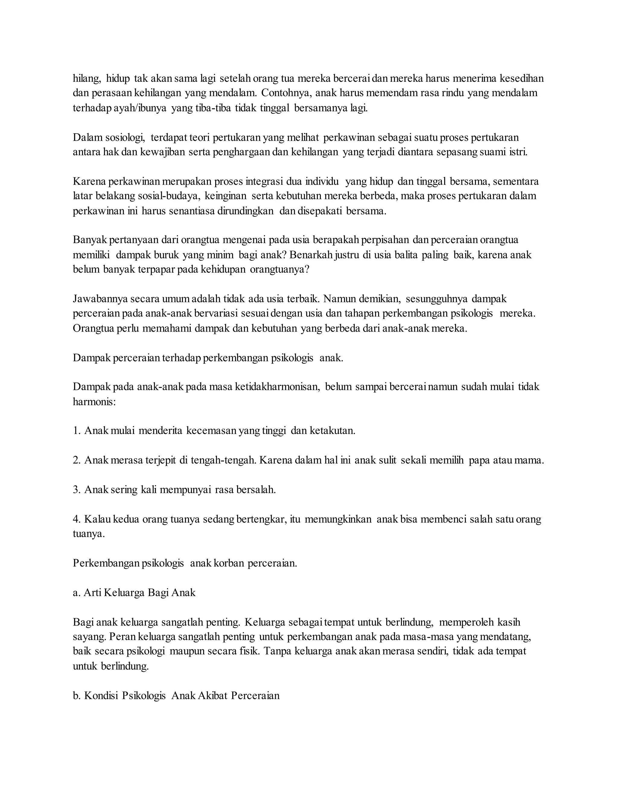 Dampak perceraian bagi perkembangan psikologis anak | PDF