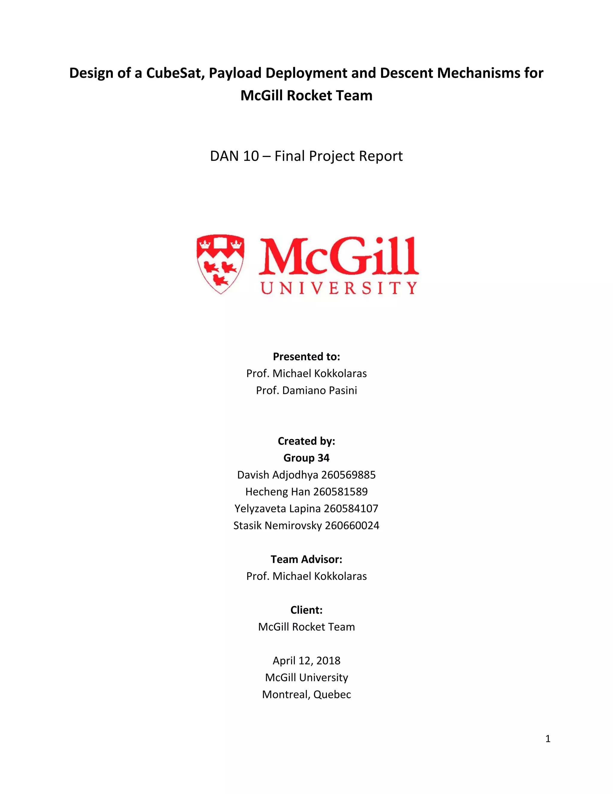 Design and Fabrication of a 3U CubeSat - Capstone Project | PDF