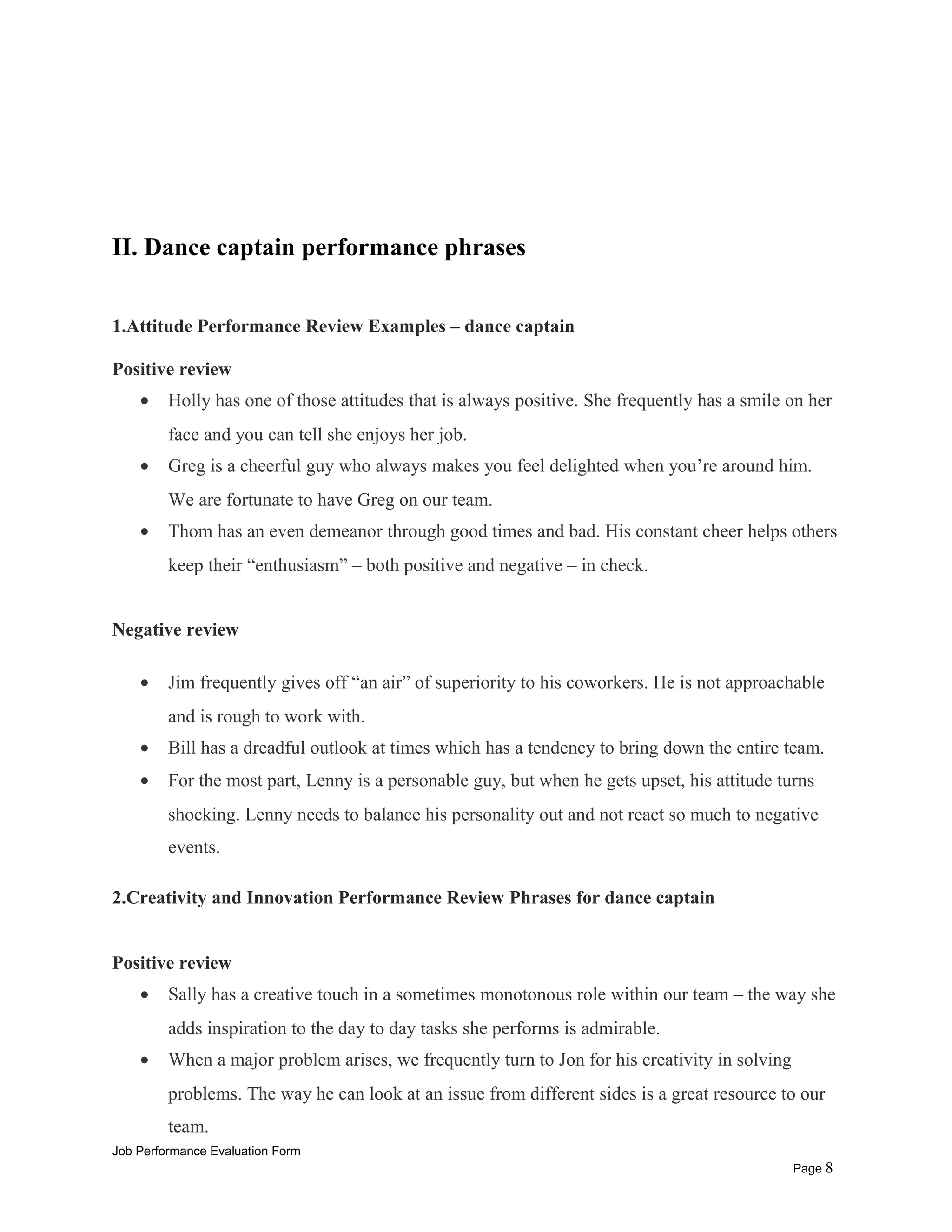Dance captain performance appraisal | DOC