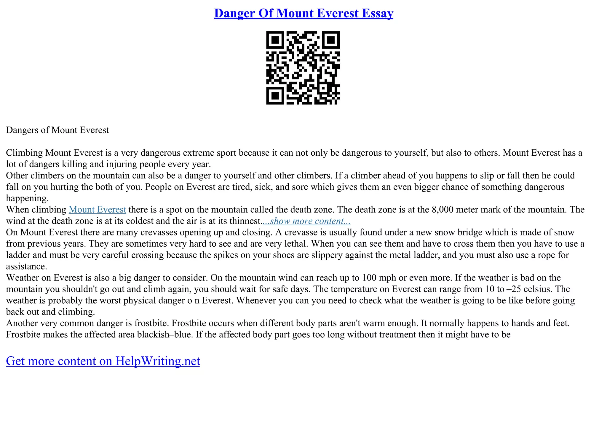 Danger Of Mount Everest Essay | PDF