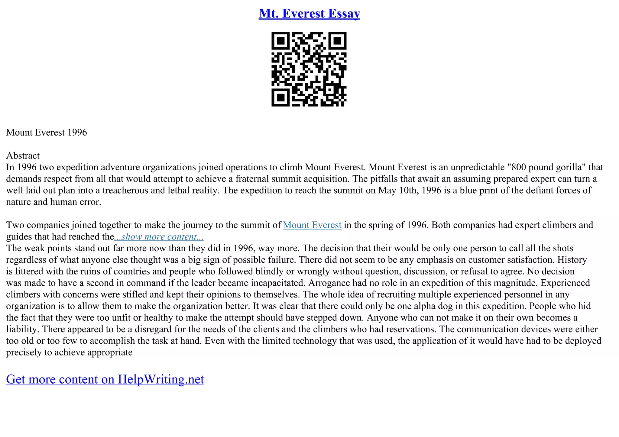 Danger Of Mount Everest Essay | PDF