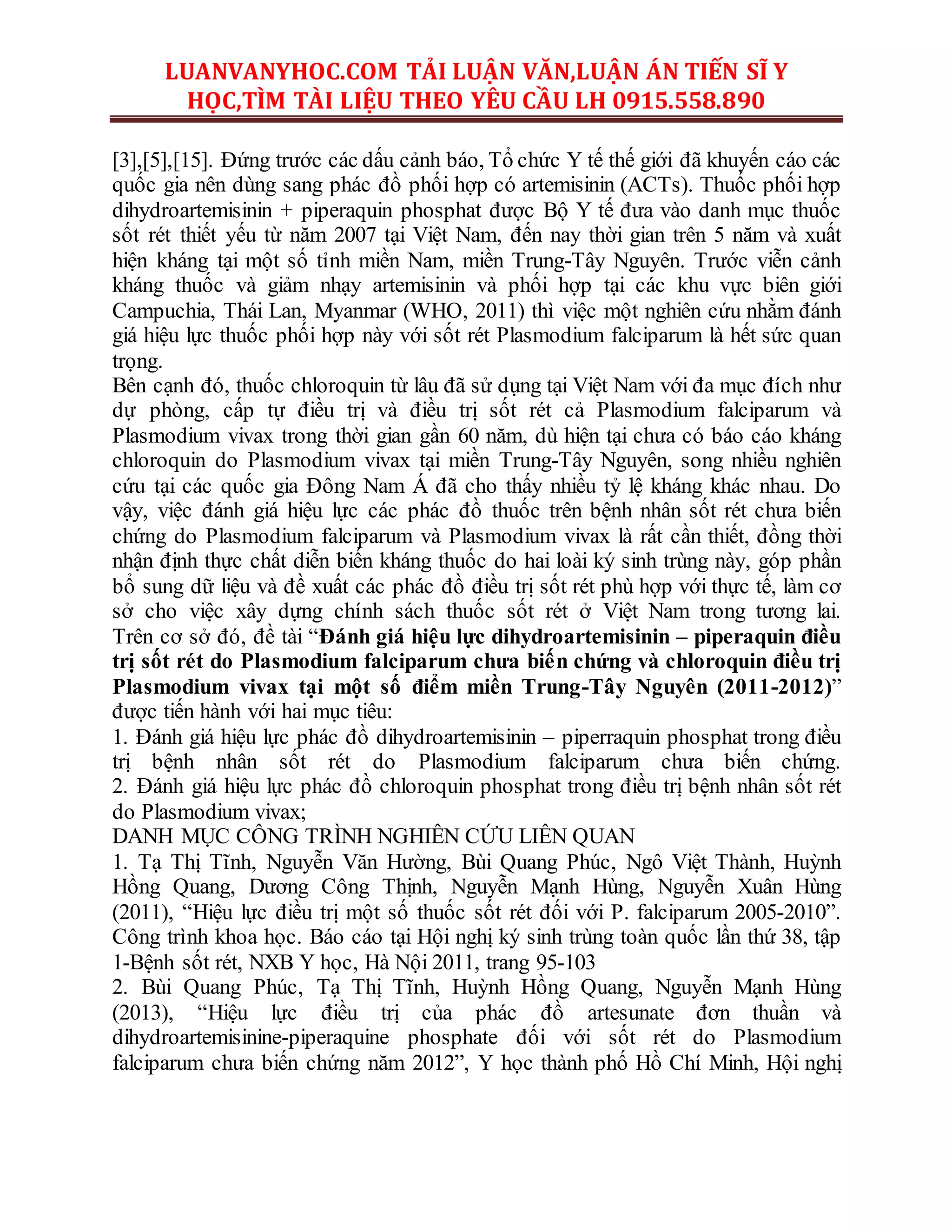 Danh gia hieu luc dihydroartemisinin piperaquin dieu tri sot ret do plasmodium falciparum chua ...
