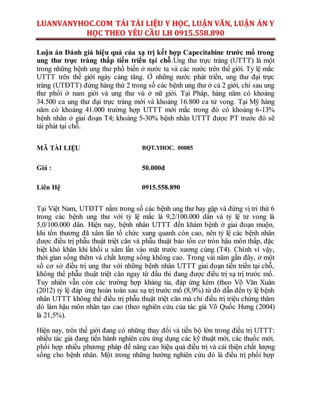 Danh gia hieu qua cua xa tri ket hop capecitabine truoc mo trong ung thu truc trang thap tien ...