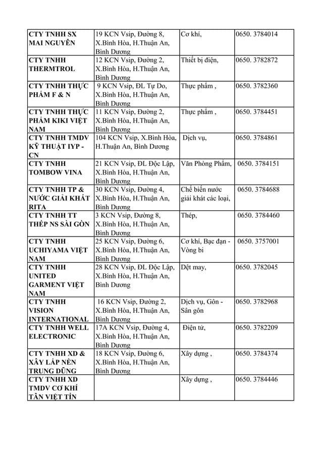 DANH SACH CTY TRONG KCN VISIP I BINH DUONG | PDF