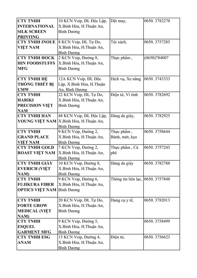 DANH SACH CTY TRONG KCN VISIP I BINH DUONG | PDF