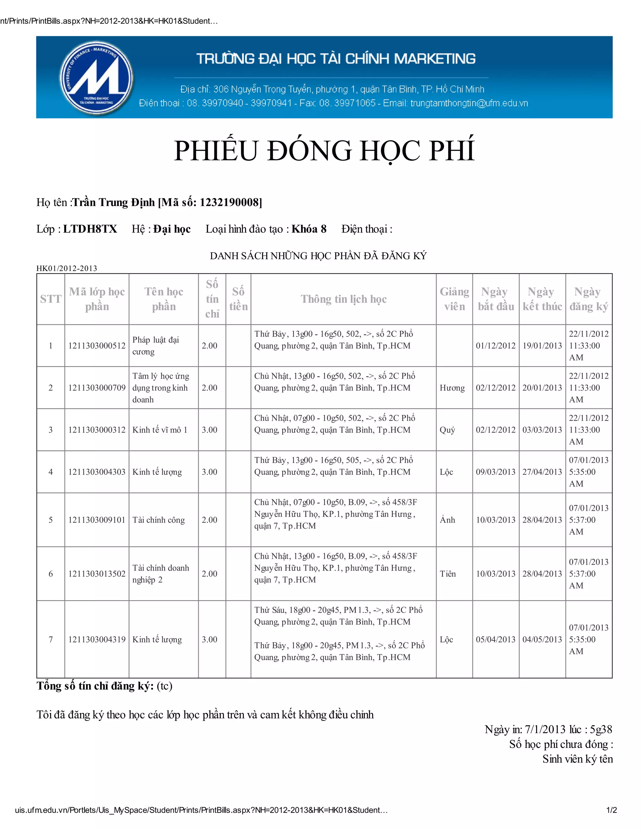 Danh sach dang ky mon hoc | PDF