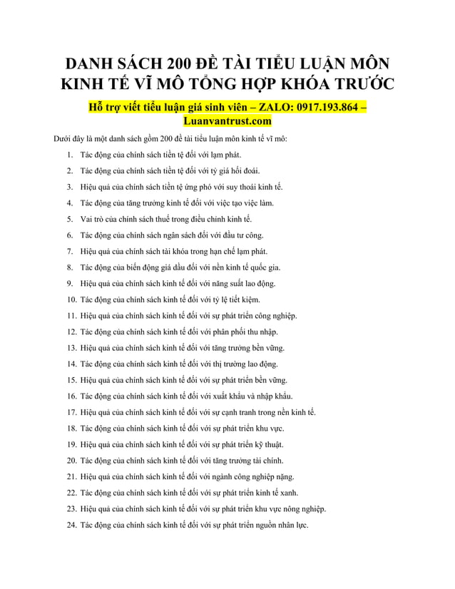 Danh Sách 200 Đề Tài Tiểu Luận Môn Kinh Tế Vĩ Mô Tổng Hợp Khóa Trước | DOCX
