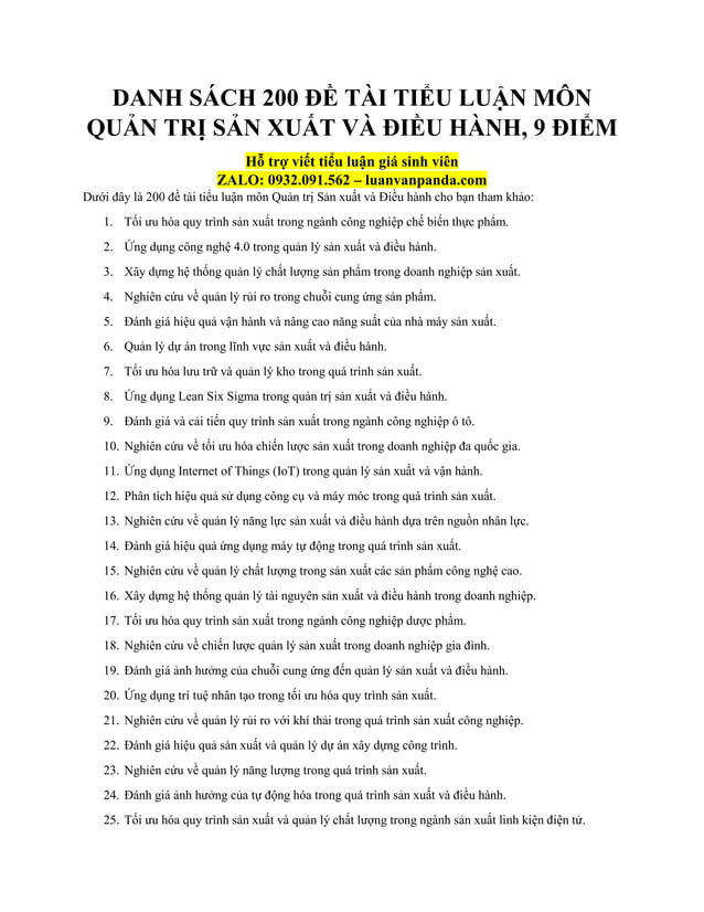 Danh Sách 200 Đề Tài Tiểu Luận Môn Quản Trị Sản Xuất Và Điều Hành, 9 Điểm | DOCX