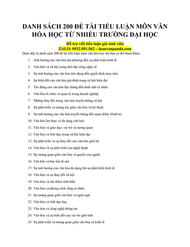 Danh Sách 200 Đề Tài Tiểu Luận Môn Văn Hóa Học Từ Nhiều Trường Đại Học | DOCX