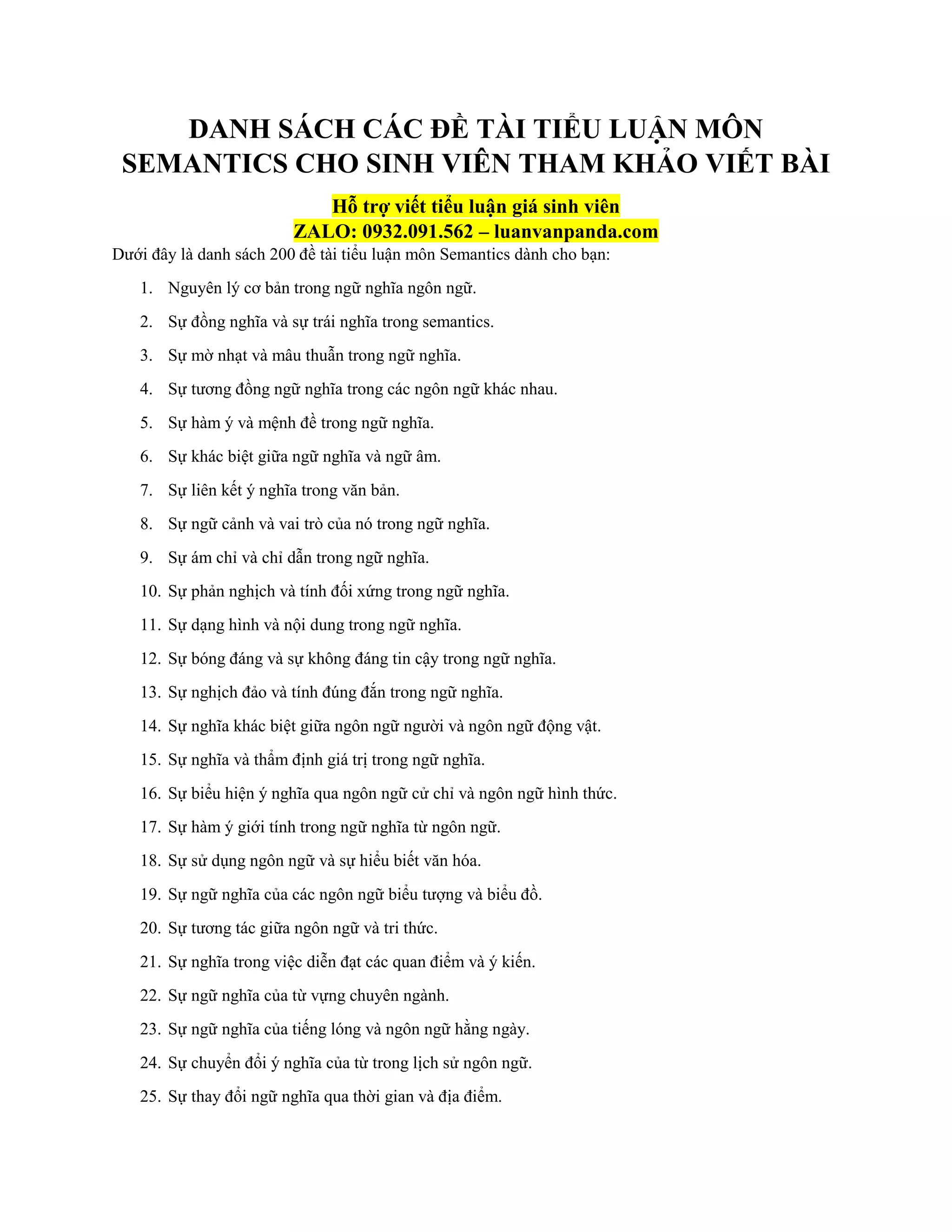 Danh Sách Các Đề Tài Tiểu Luận Môn Semantics Cho Sinh Viên Tham Khảo Viết Bài. | DOCX