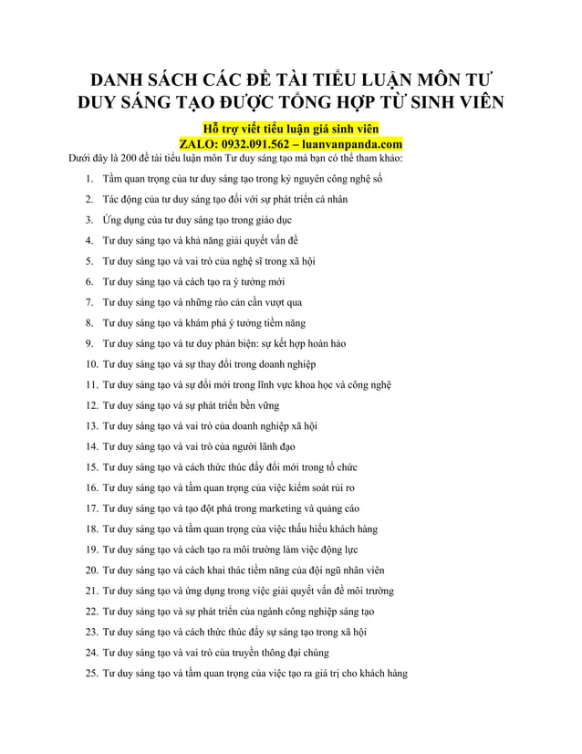Danh Sách Các Đề Tài Tiểu Luận Môn Tư Duy Sáng Tạo Được Tổng Hợp Từ Sinh Viên | DOCX