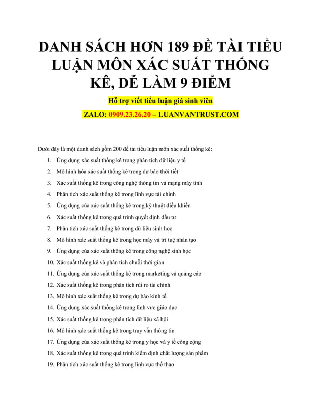 Danh Sách Hơn 189 Đề Tài Tiểu Luận Môn Xác Suất Thống Kê, Dễ Làm 9 Điểm | DOCX