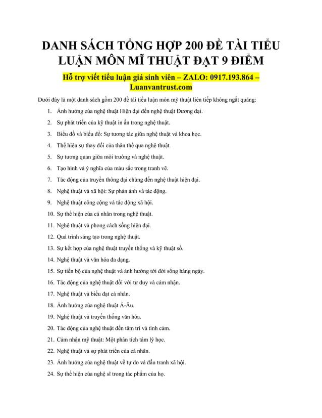 Danh Sách Tổng Hợp 200 Đề Tài Tiểu Luận Môn Mĩ Thuật Đạt 9 Điểm | PDF