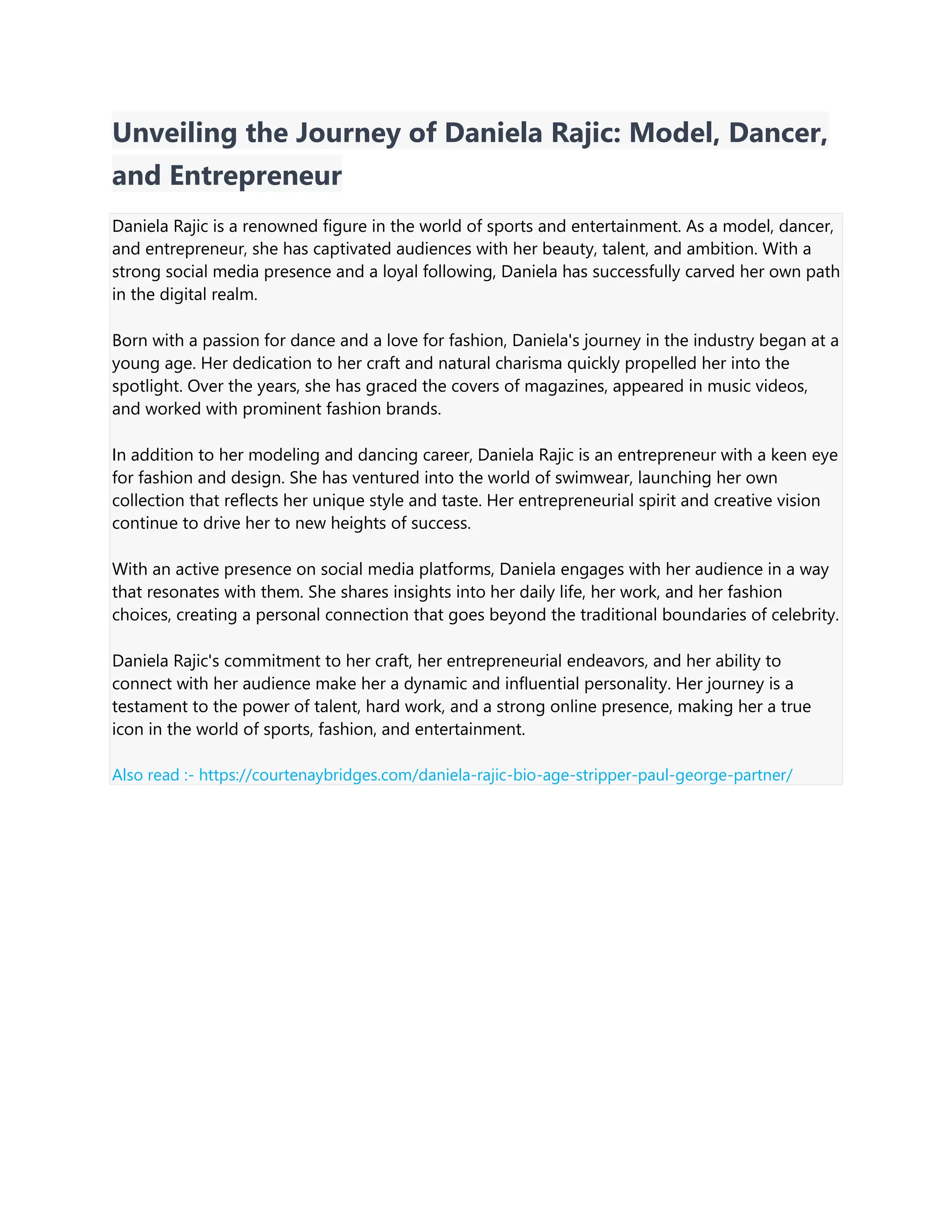 Unveiling the Journey of Daniela Rajic: Model, Dancer, and Entrepreneur ...