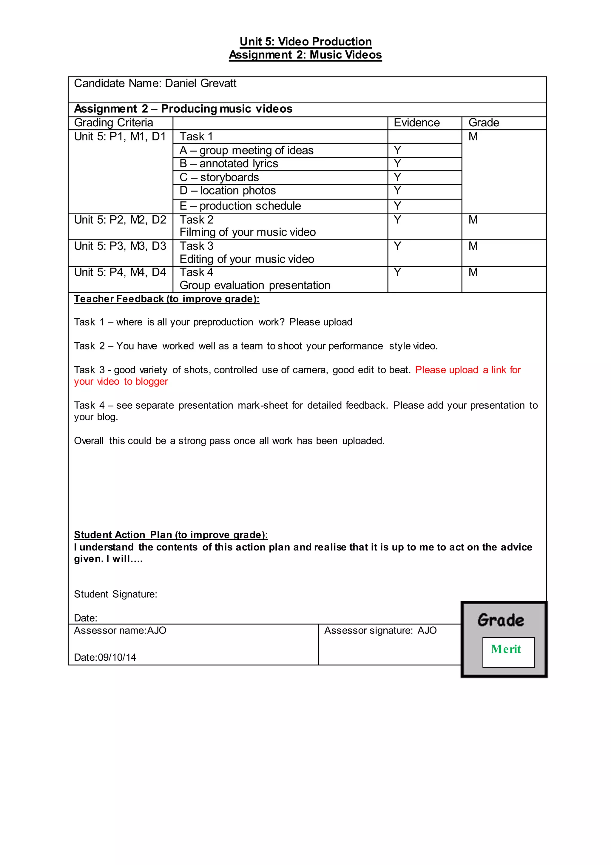 Daniel grevatt unit 5 music video production assignment marksheet | PDF