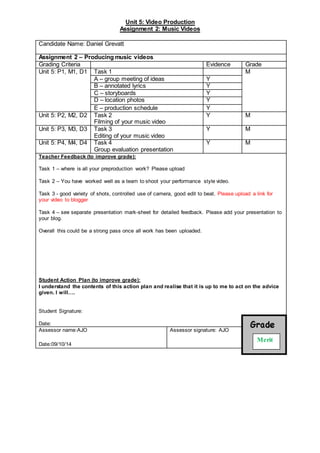 Daniel grevatt unit 5 music video production assignment marksheet | PDF