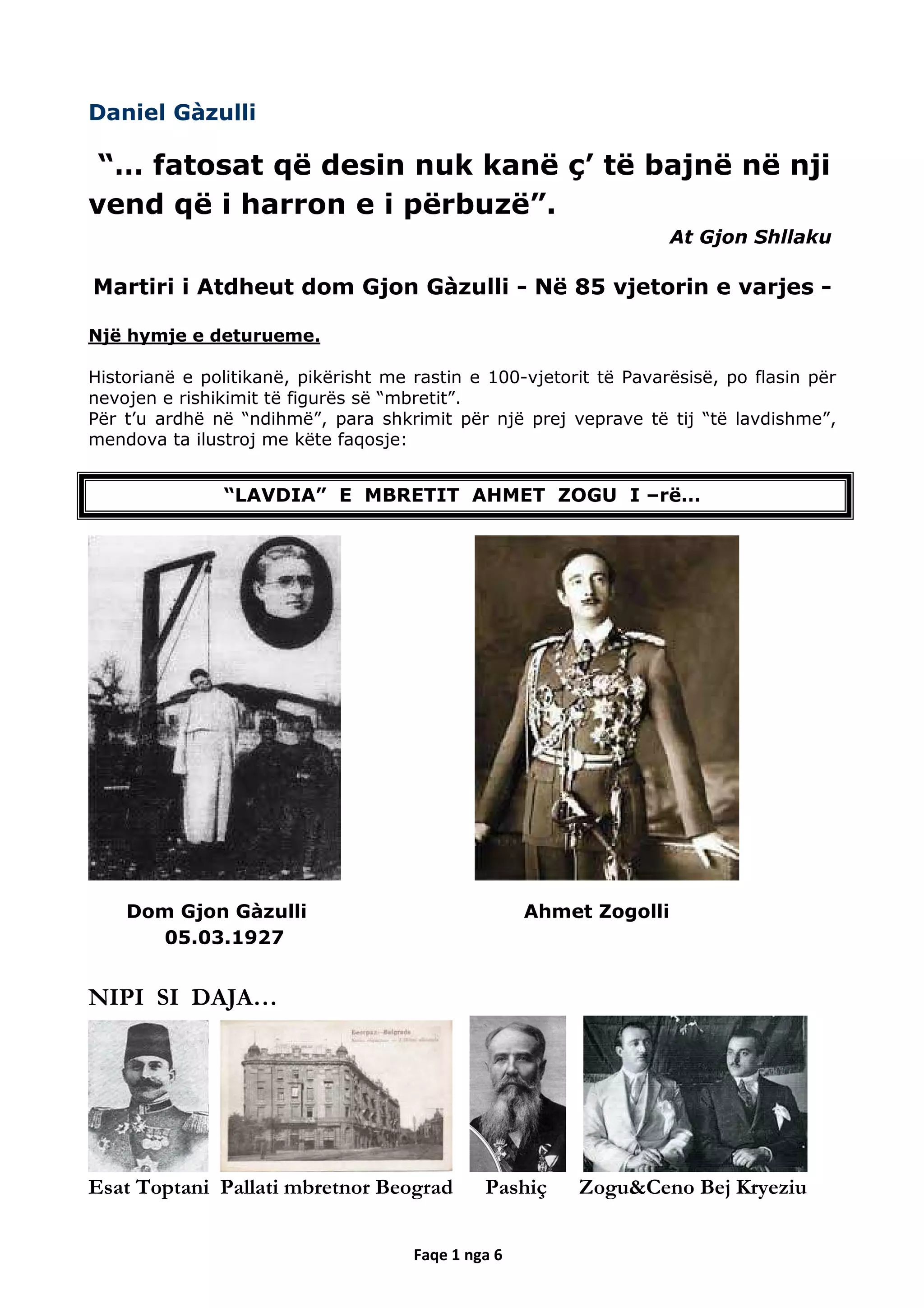 Daniel GAZULLI mbi 85 vjetorin e vrasjes se Don Gjon GAZULLI | PDF