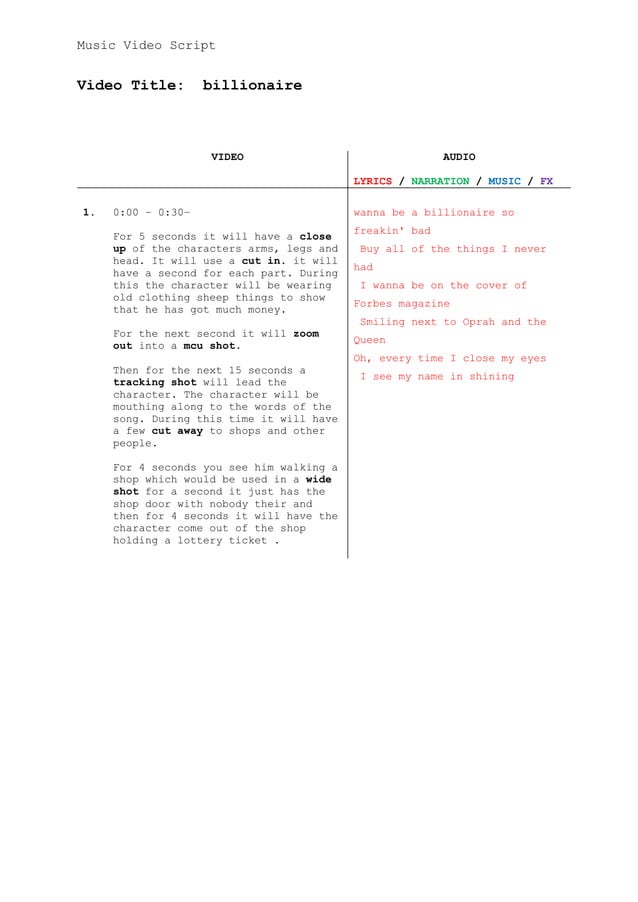 Daniel harrison music video first draft script | PDF