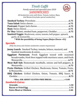 Tivoli Caffe — Menu | PDF