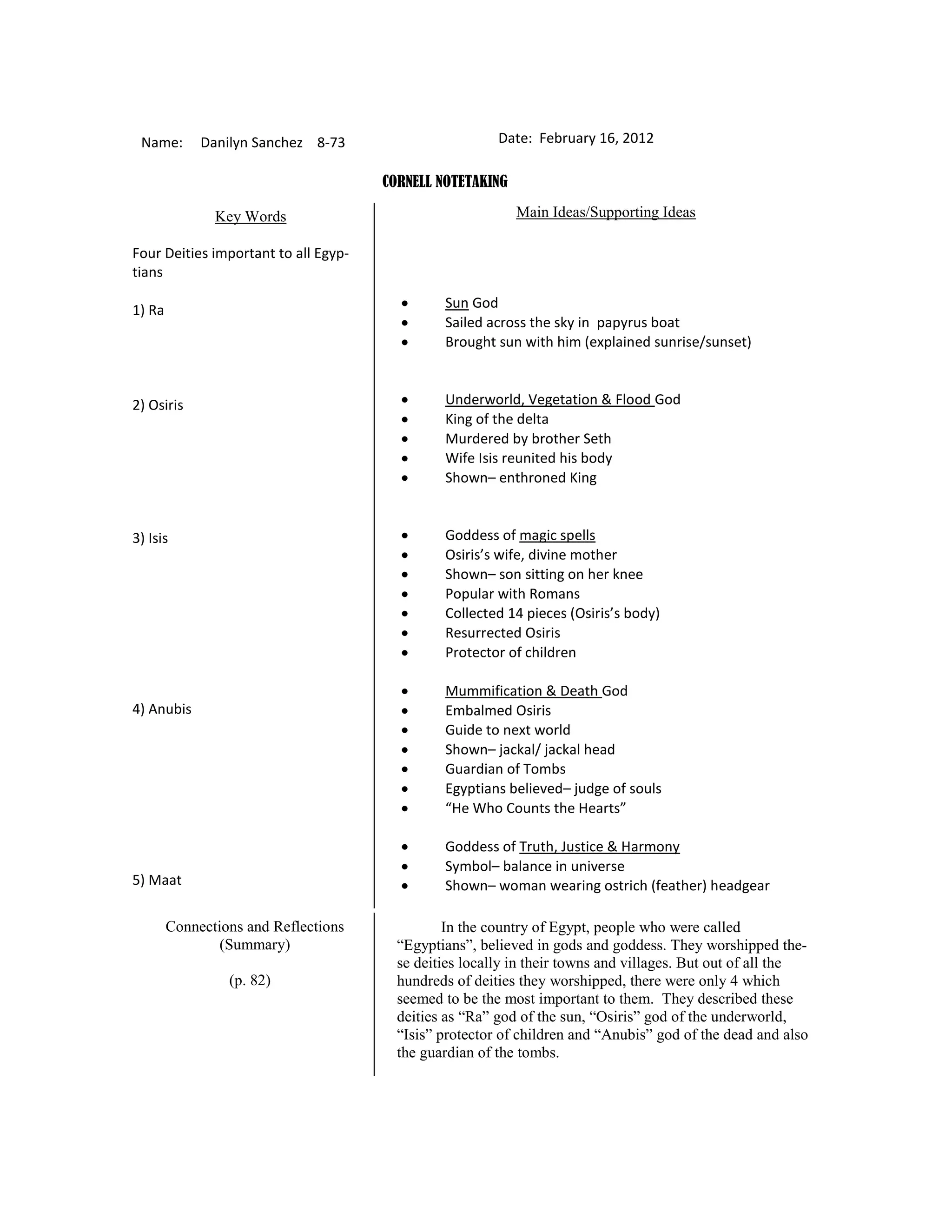 Danilyns Cornell Notes –Ancient Egyptian Gods and Goddesses | PDF